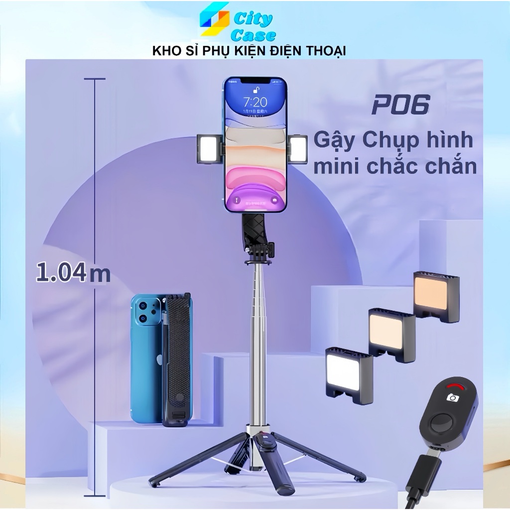 Gậy Chụp Hình Selfie Mini P06 104cm Đèn Led Chiếu Sáng Remote Quay Chụp Hình Từ Xa Có 4 Chân Đỡ ...