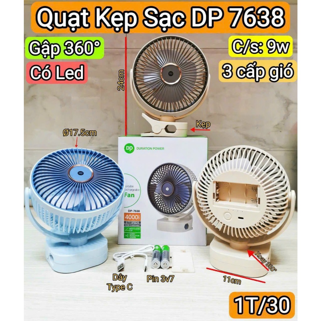 Quạt sạc tích điện để bàn có kẹp DP-7638 - 3 tốc độ gió, pin 4000mah ...