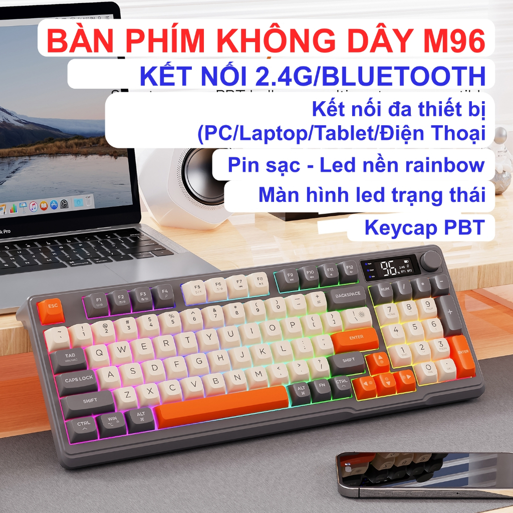 Bàn Phím Không Dây M96 Bluetooth Không Ồn Led Nền 2 Mode Kết Nối Màn Hình Hiển Thị Phím PBT ...