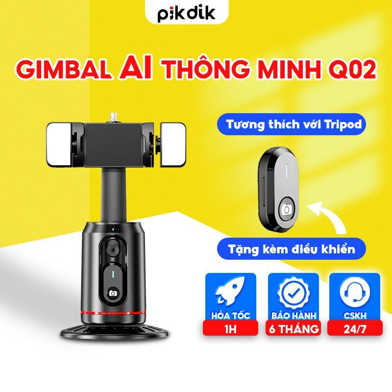 Gimbal Q02 tự động tặng kèm 2 đèn led đa năng Nhận diện khuôn mặt AI 360° có remote điều khiển ...