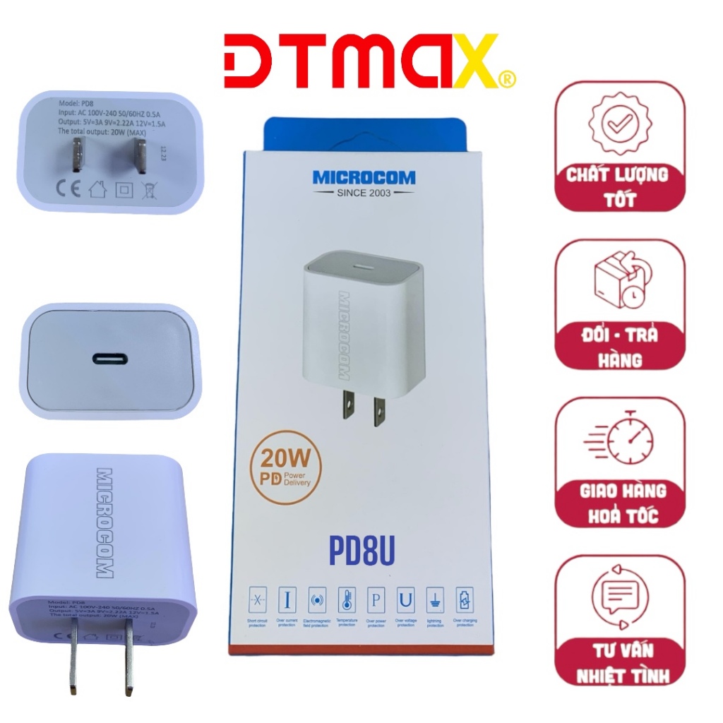 Cốc sạc nhanh 20w Microcom, Củ sạc PD8U tương tích mọi thiết bị, an ...