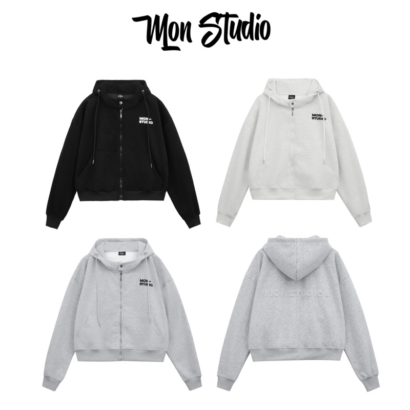 Áo khoác hoodie zip BOXY Mon Studio có nút bấm, dập nổi, in nổi ,có túi ...