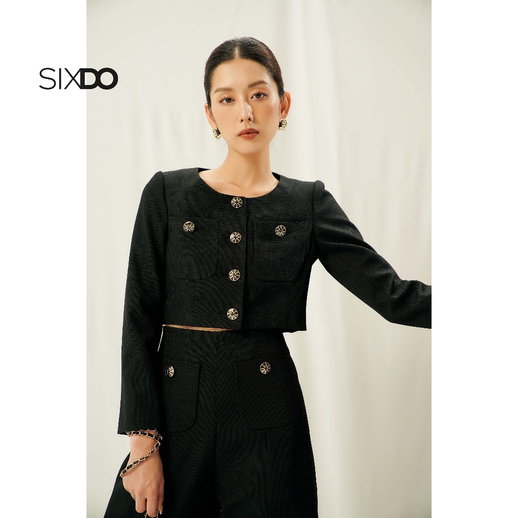 Áo Vest nữ đen cổ tròn dài tay SIXDO (Black Breast Pocket Cropped Raw ...