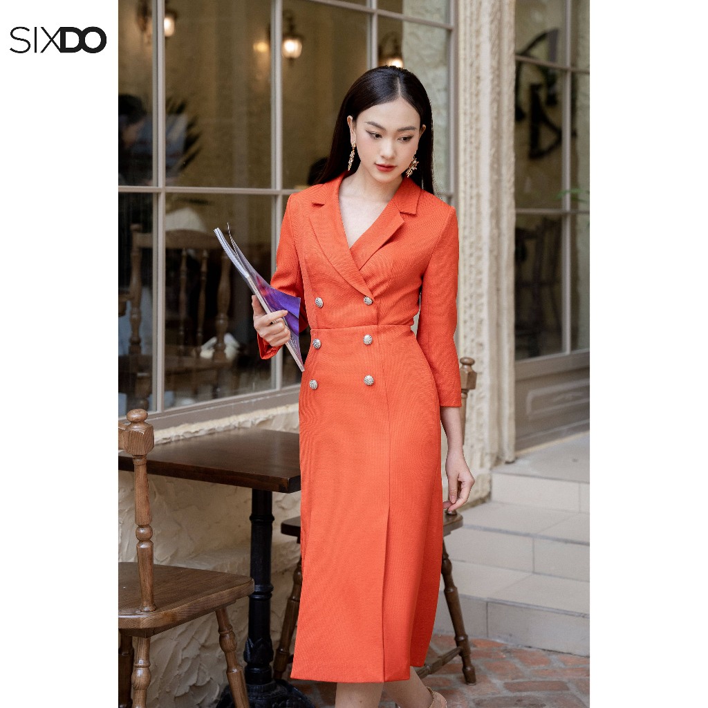 Đầm thô cổ vest phối cúc SIXDO (Midi Raw Dress) | Shopee Việt Nam
