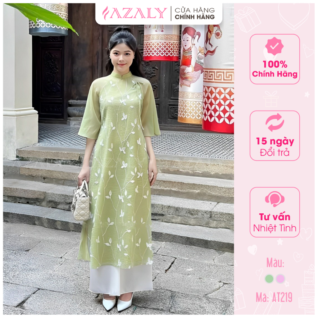 Áo Dài Cách Tân Voan Hoa thêu AZALY Kiểu Dáng Thanh Lịch, Sang Trọng - AT219 | Shopee Việt Nam