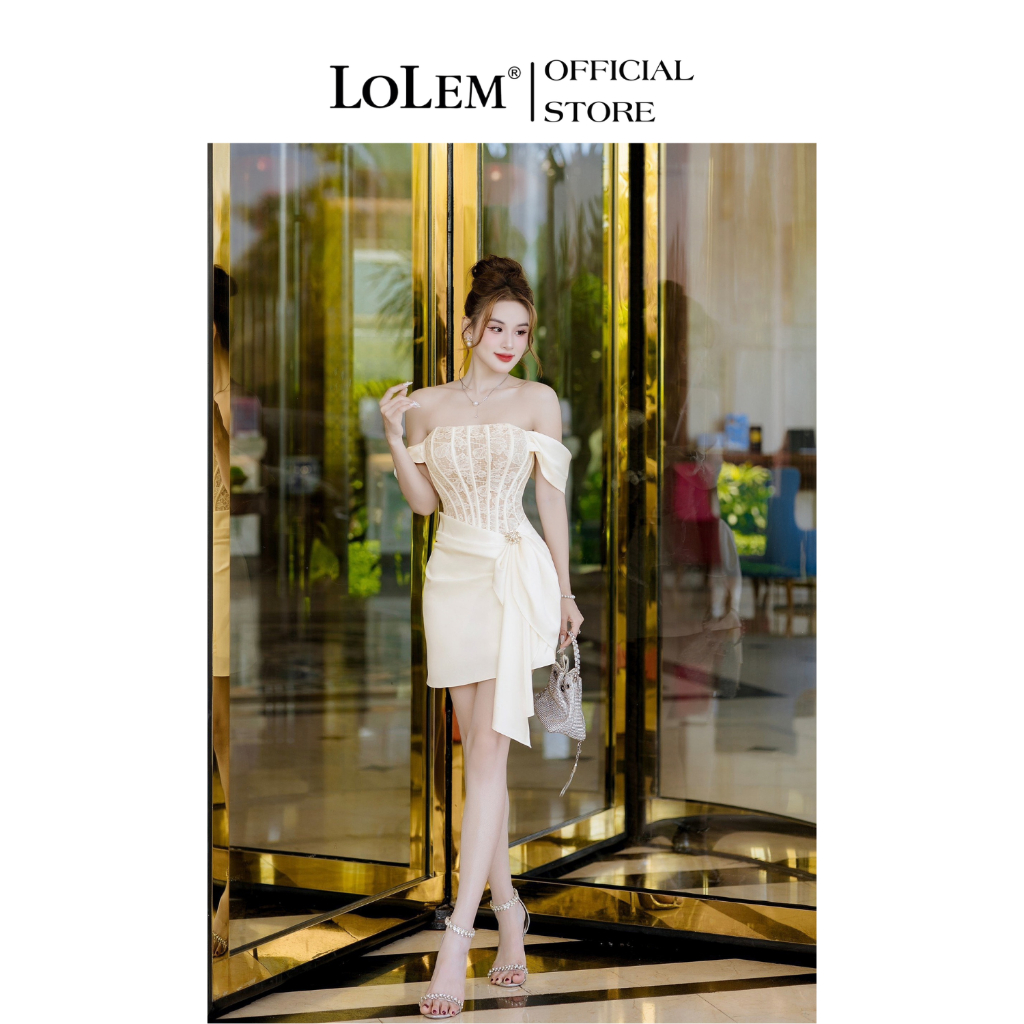 Đầm cúp ngực trễ vai LOLEM DO288 dáng ngắn thả tà đính đá sang trọng ...