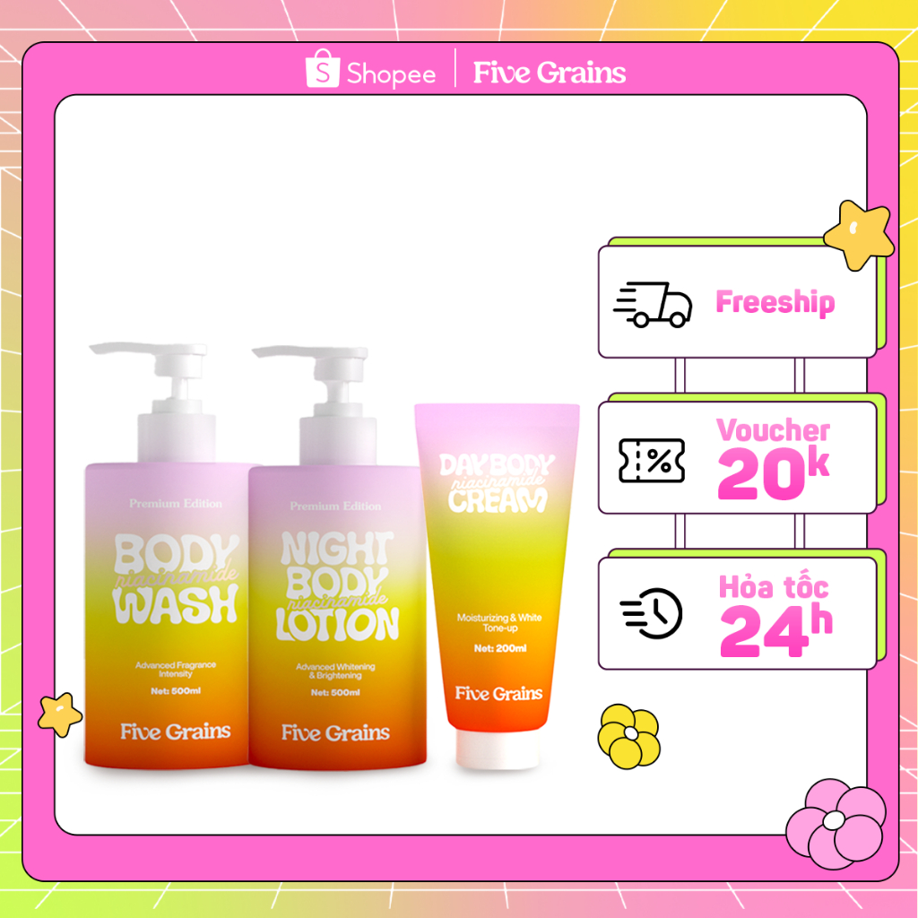 Bộ ba giúp dưỡng trắng chuyên sâu Five Grains (Sữa tắm 500ML & Kem dưỡng nâng tone 200ML & Kem ...