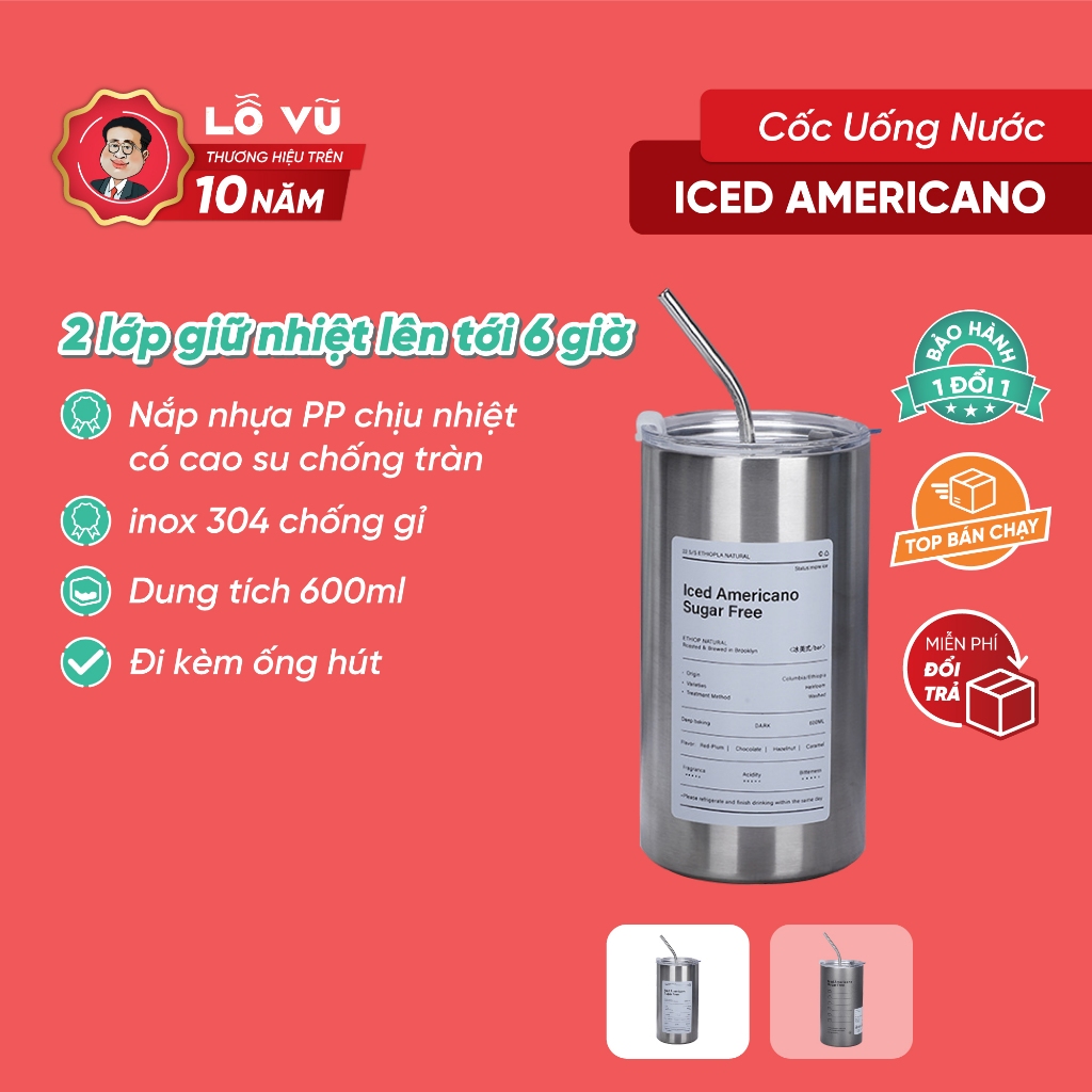 Cốc Uống Nước Iced Americano Inox 304, Có Ống Hút Ly Uống Coffee 600ML, Bình đựng nước giữ nhiệt ...
