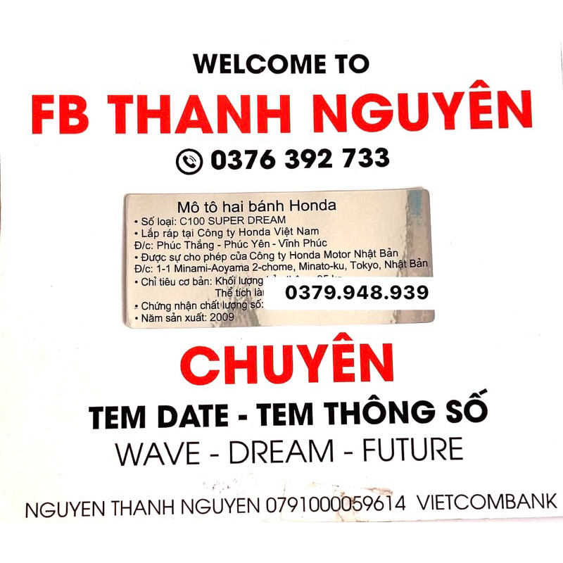 Tem thông số năm sản xuất super dream 2009 ( chuẩn zin ) | Shopee Việt Nam