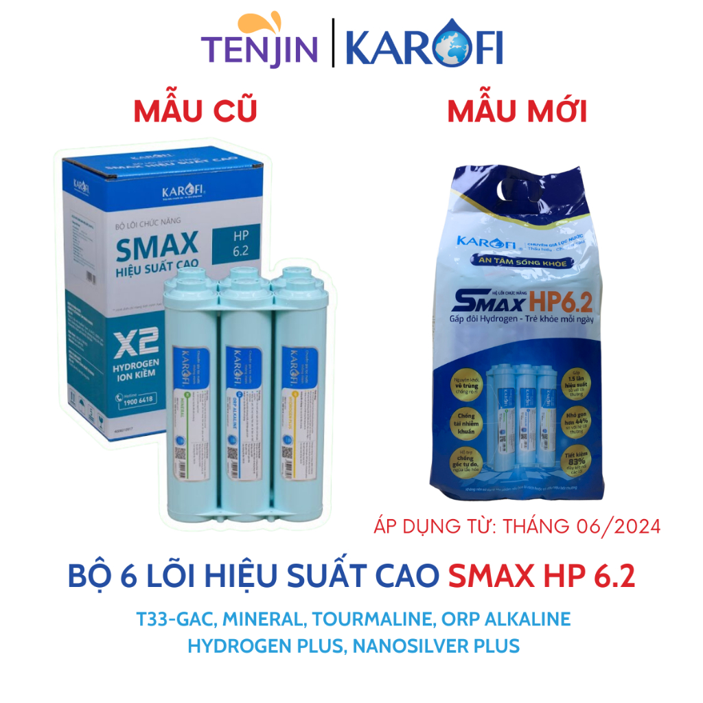 Bộ 6 Lõi Smax HP 6.2 Karofi Hiệu Suất Cao Gồm T33, Mineral, Nano, ORP Alkaline, Hydrogen ...