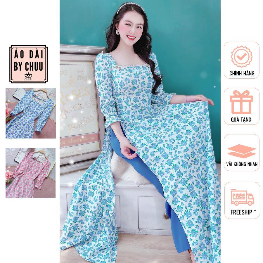 Áo dài hoa cách tân nữ cổ vuông tay phồng CHUU AD9122 - không kèm quần | Shopee Việt Nam