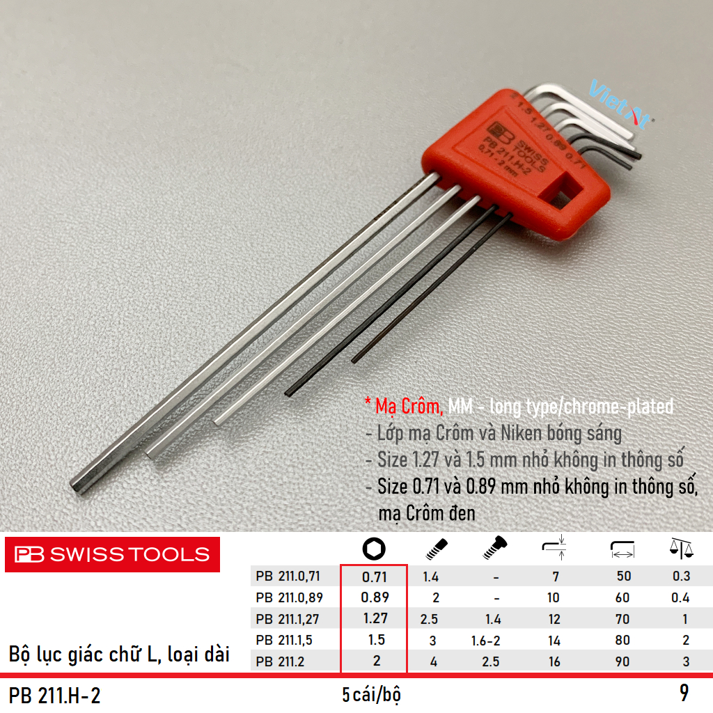 Bộ lục giác chữ L dài PB 211.H-2 gồm 5 chi tiết (0.71 - 2.0 mm) mạ Crôm ...