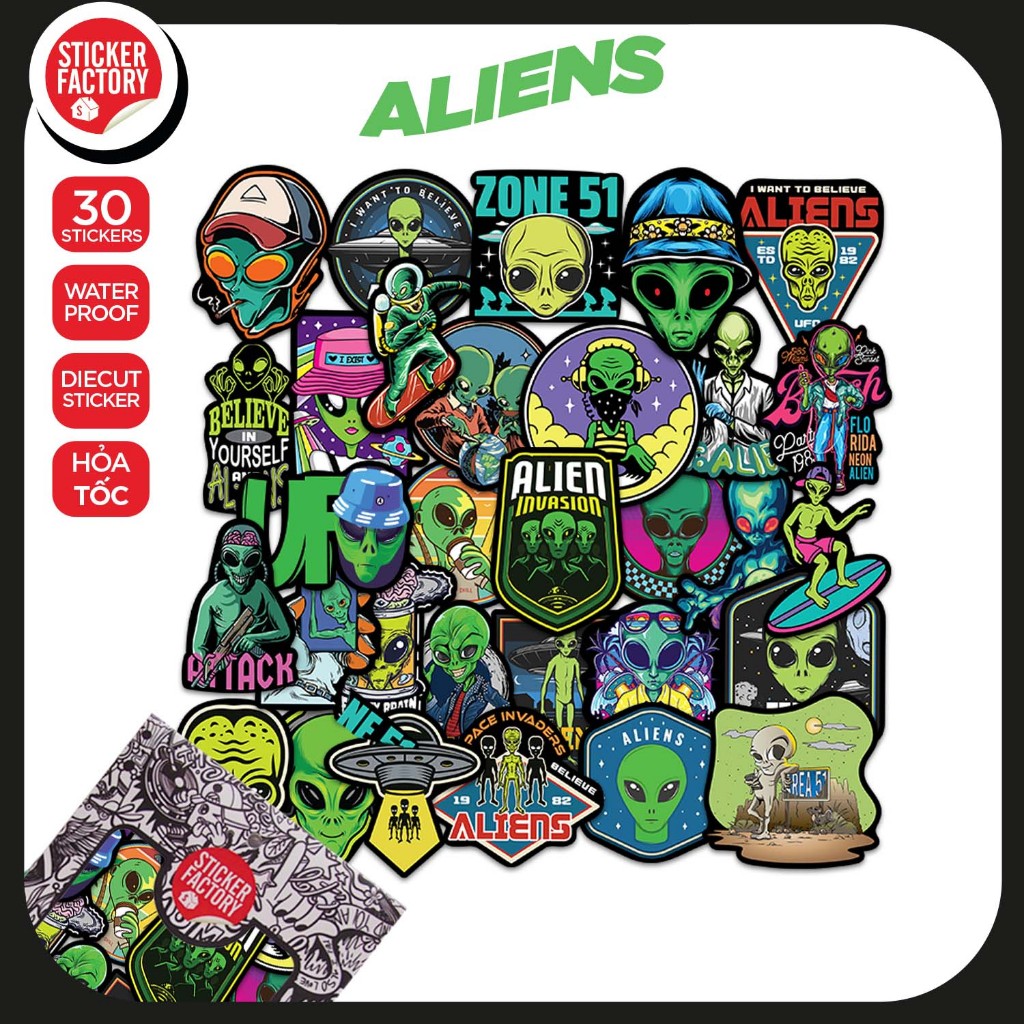 Aliens - Set 30 sticker decal hình dán nón bảo hiểm, laptop, xe máy, ô ...