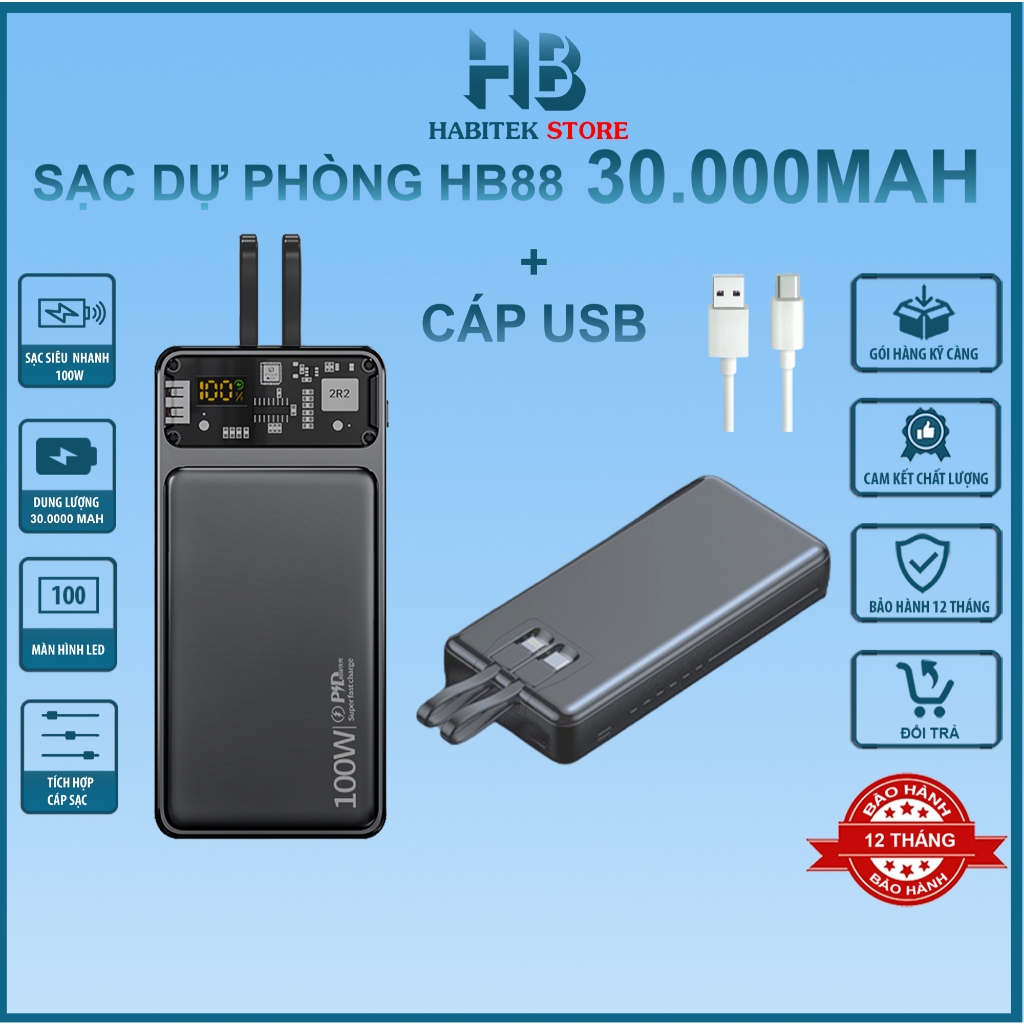 Sạc Dự Phòng 30000mah Habitek HB88 Hỗ Trợ Sạc Nhanh 100W, Tích Hợp 2 ...