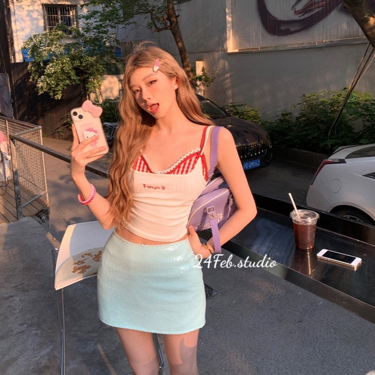 [AK92] [SẴN HÀNG] Set áo hai dây Beauty kèm bra kẻ viền ren phong cách ...