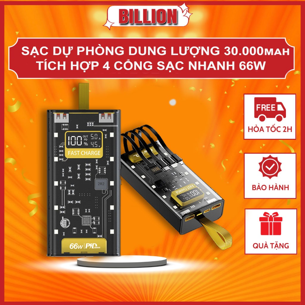 Sạc Dự Phòng 30000mAh BILLION PK101 Trong Suốt Dung Lượng Lớn Sạc Nhanh ...