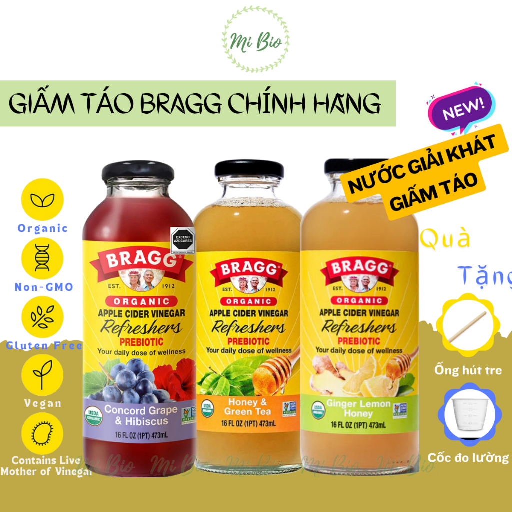 Giấm táo Bragg hữu cơ vị mật ong chanh - gừng - trà xanh - nho có giấm ...