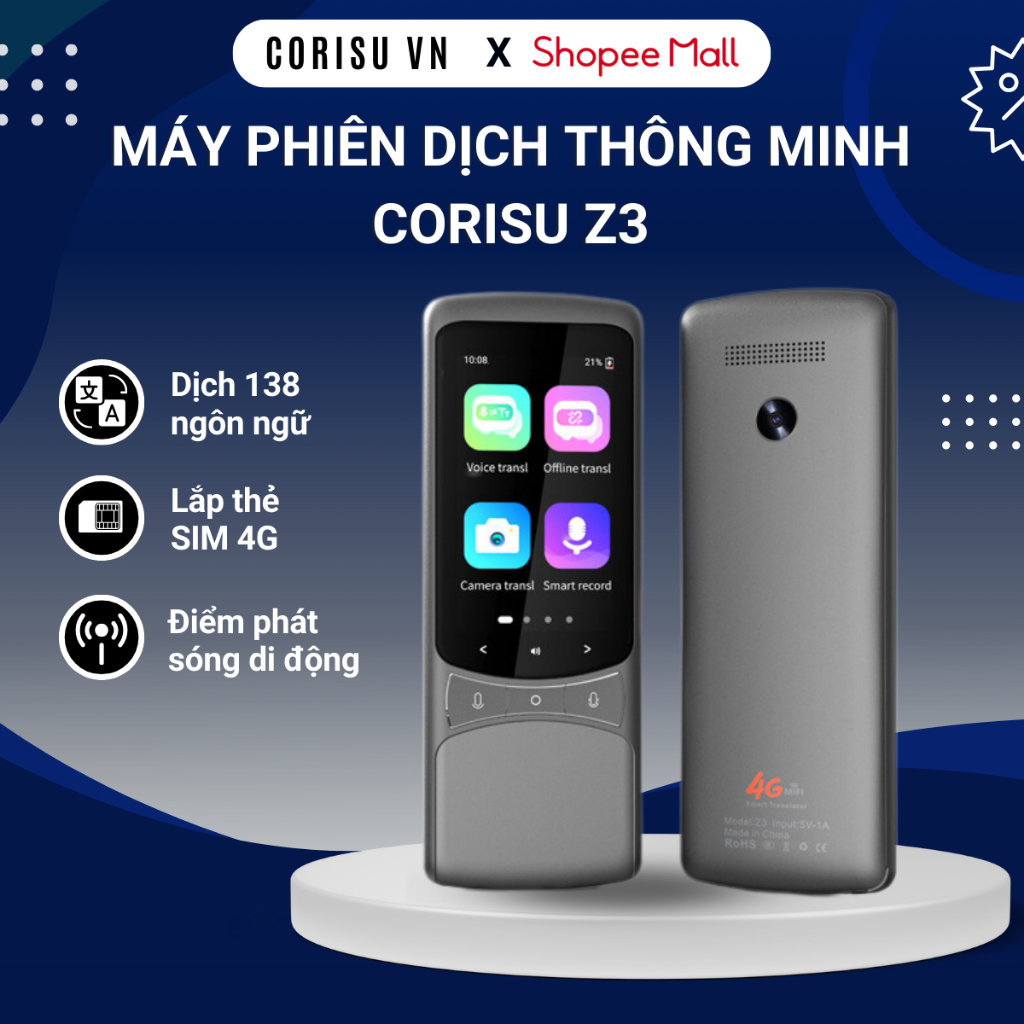 Máy phiên dịch thông minh CORISU Z3 lắp SIM 4G, hỗ trợ dịch 138 ngôn ngữ, cảm ứng mượt, dịch AI ...