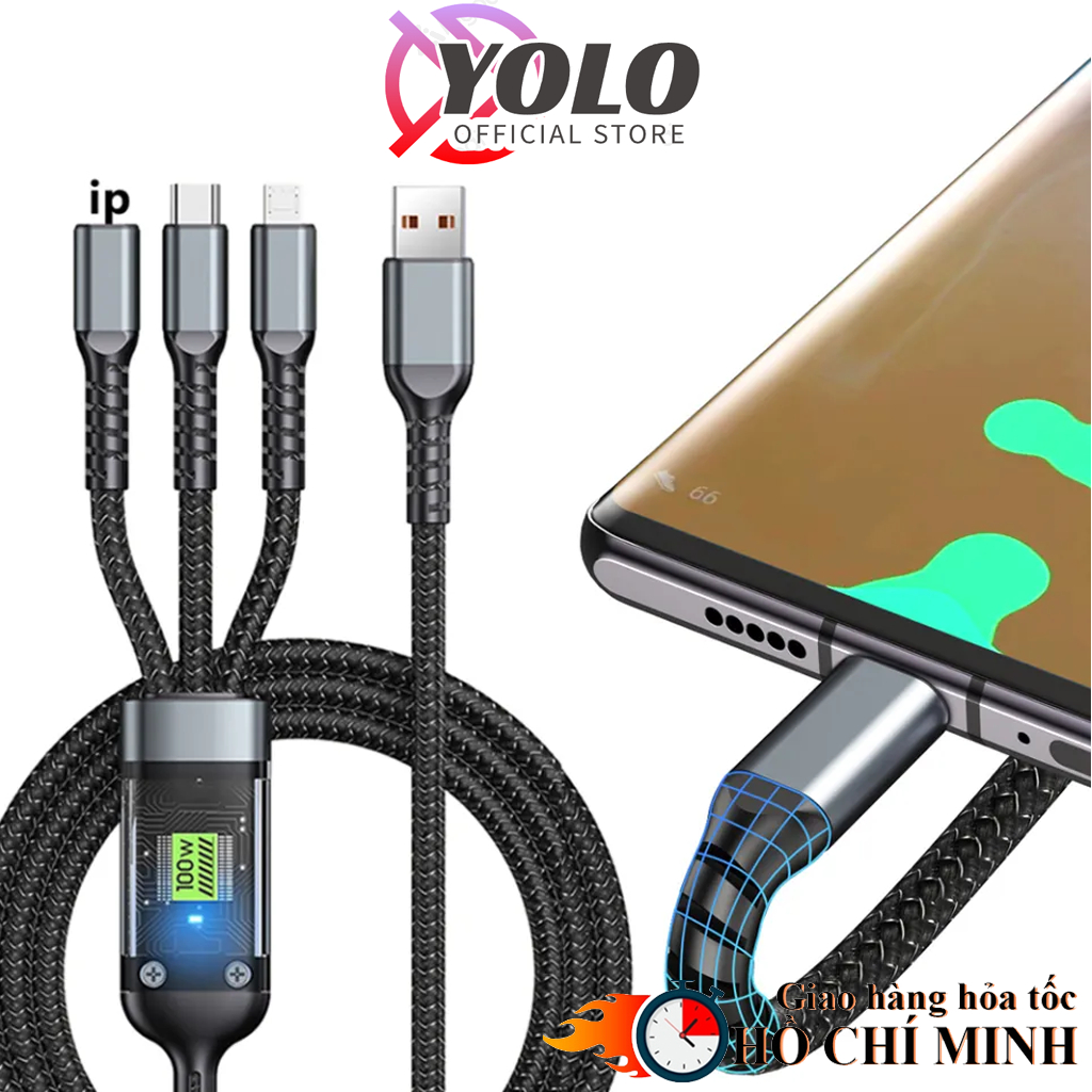 Dây Cáp Sạc Nhanh 3 in 1 Type C Micro pd 100w tự động ngắt dòng điện ...