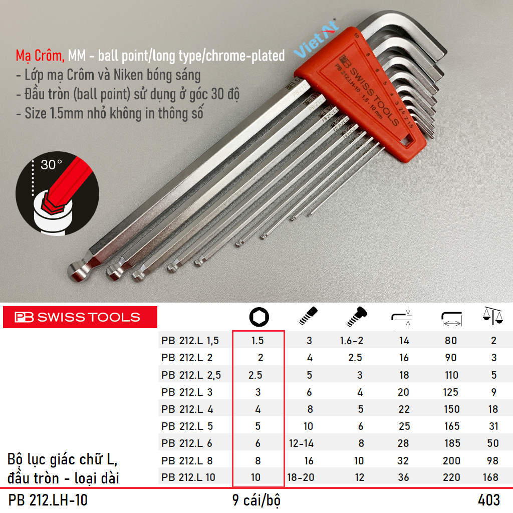 Bộ lục giác chữ L dài, đầu tròn (bi) PB 212.LH-10 gồm 9 chi tiết (1.5-10.0mm) mạ Crôm | PB Swiss ...