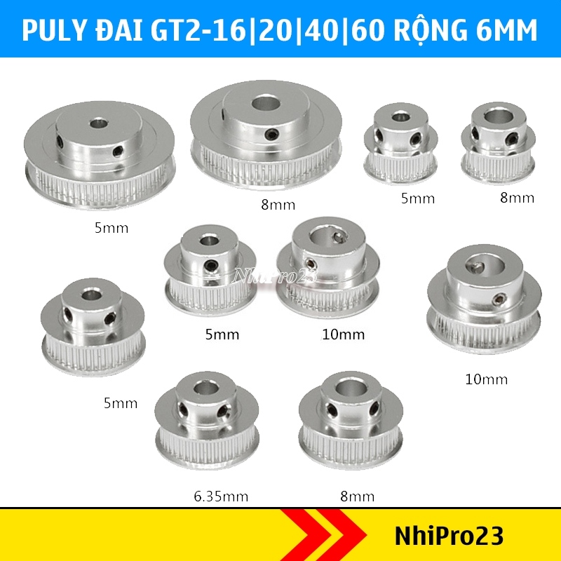 Puly dai GT2 - Pulley GT2 trục 5mm 6.35mm 8mm bản rộng 6mm 16/20/40/60 ...