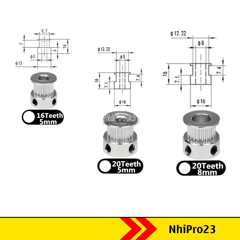 Puly dai GT2 - Pulley GT2 trục 5mm 6.35mm 8mm bản rộng 6mm 16/20/40/60 răng làm ròng rọc chuyển ...