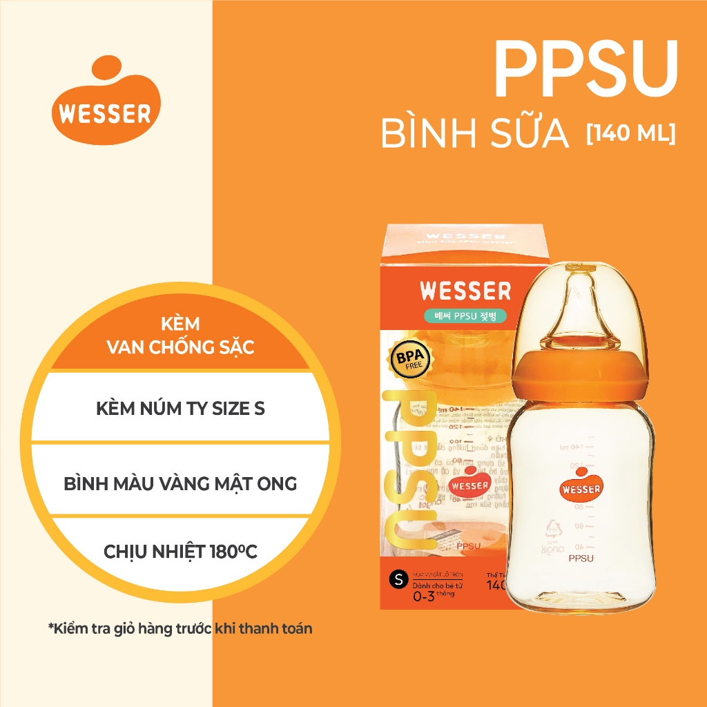 Bình sữa cổ HẸP PPSU Wesser 60ml/140ml/250ml (PPSU MÀU VÀNG MẬT ONG ...
