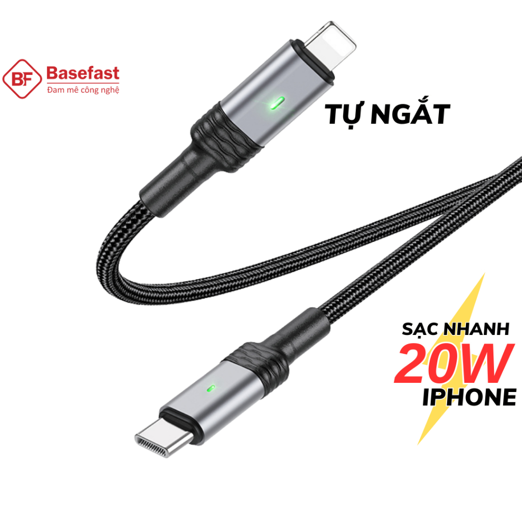 Dây sạc tự ngắt 20W Basefast Cáp sạc bọc dù báo đèn LED dùng cho iP xr ...