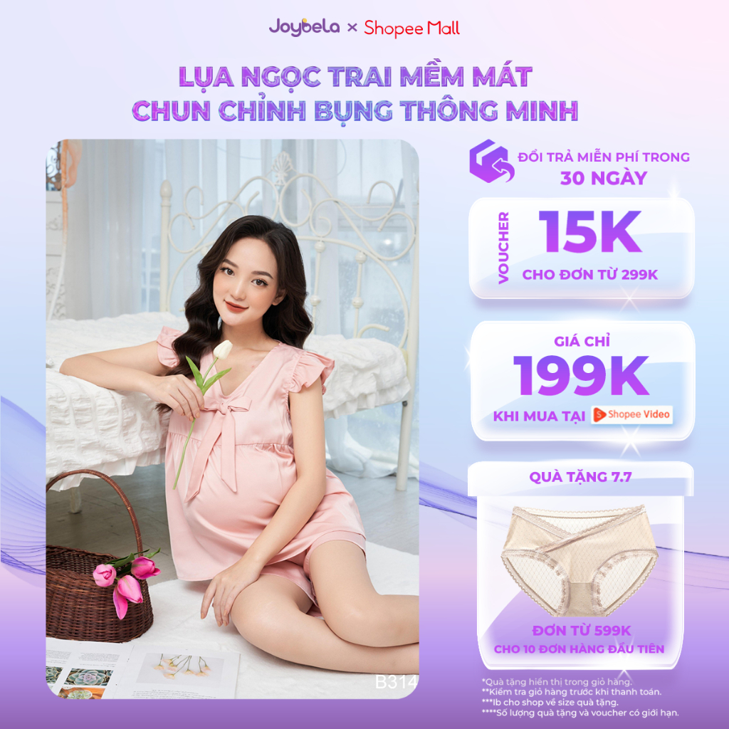 Bộ Bầu Mặc Nhà Và Sau Sinh JOYBELA Lụa Gấm Phối Cổ Nơ Mềm Mại Thoáng Mát Cho Mẹ Bầu Mặc Mùa Hè ...