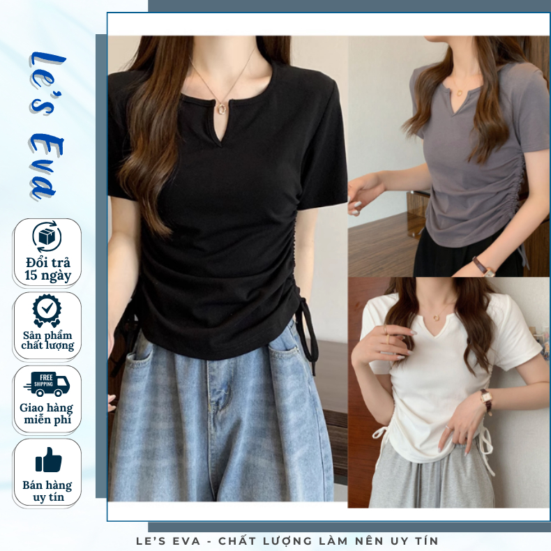 Áo phông cổ V dây rút 2 bên eo cá tính, Áo thun cổ V tay ngắn 107 - Le's Eva_24 | Shopee Việt Nam