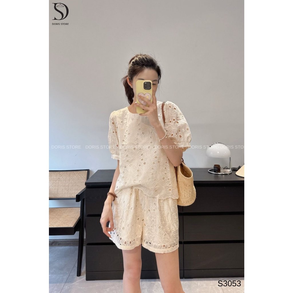 Sét áo thiết kế Doris mix quần short chất liệu ren thêu boi hoa 3D, màu ...