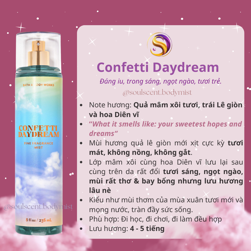 Confetti Daydream Bodymist mới Xịt thơm nước hoa toàn thân Bath And Body Works hot | Soul Scent ...