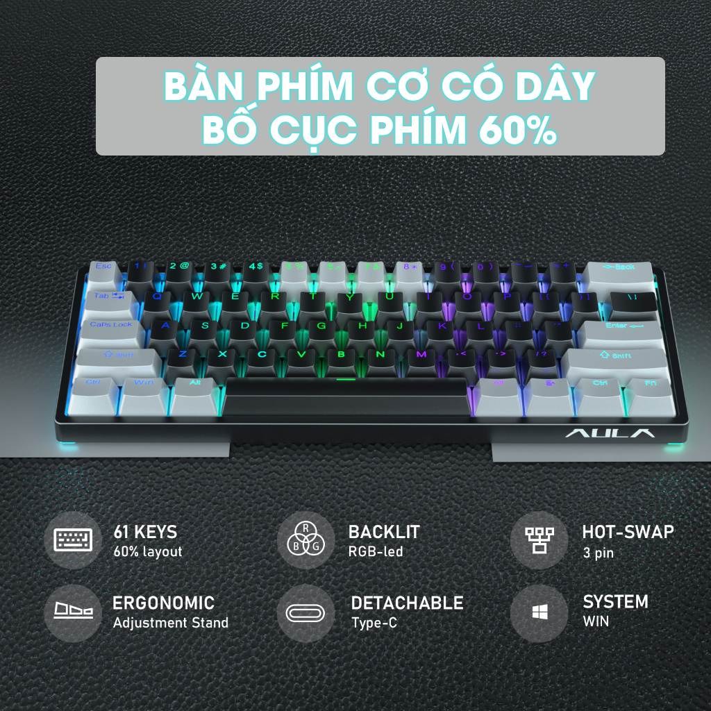 Bàn Phím Cơ Gaming AULA F3261 Layout 60% Hỗ Trợ Hotswap Led RGB Có Dây ...