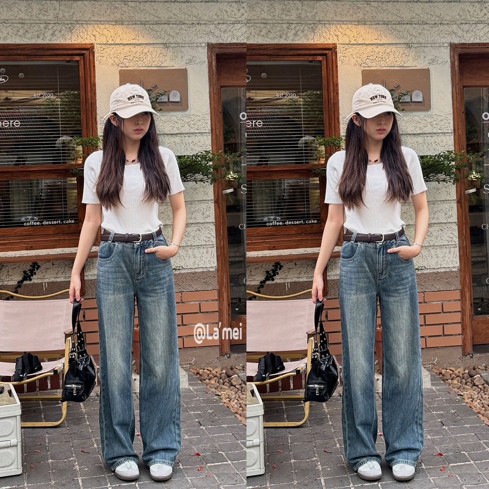 LA'MEI - Quần jeans ống rộng nữ cạp cao màu xanh đậm jeans wash cá tính ...