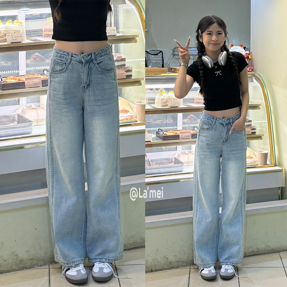 LA'MEI - Quần jeans ống rộng cạp cao màu xanh nhạt phối line cá tính ...