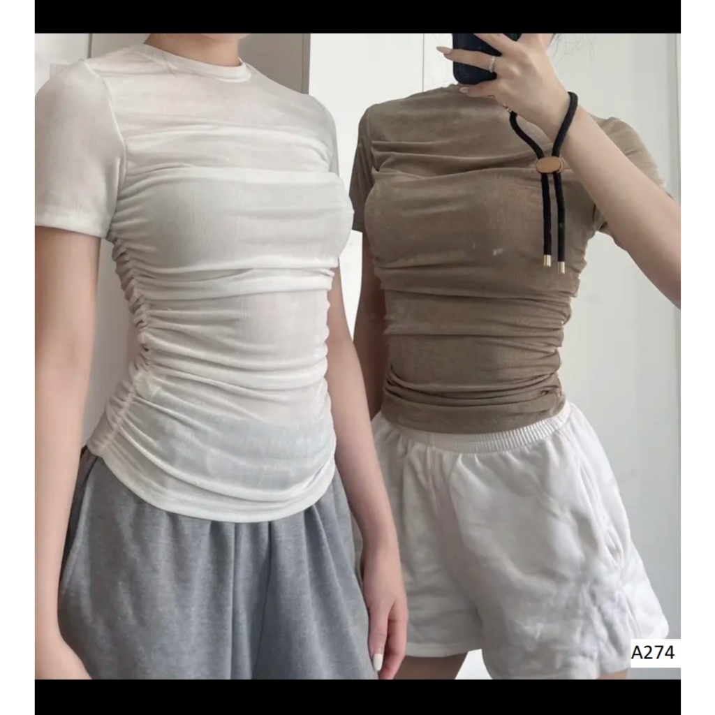 BARE_Áo thun cổ lọ tay ngắn vải nhũ sang chảnh thiết kế nhún sườn tôn dáng có may lót trong ...