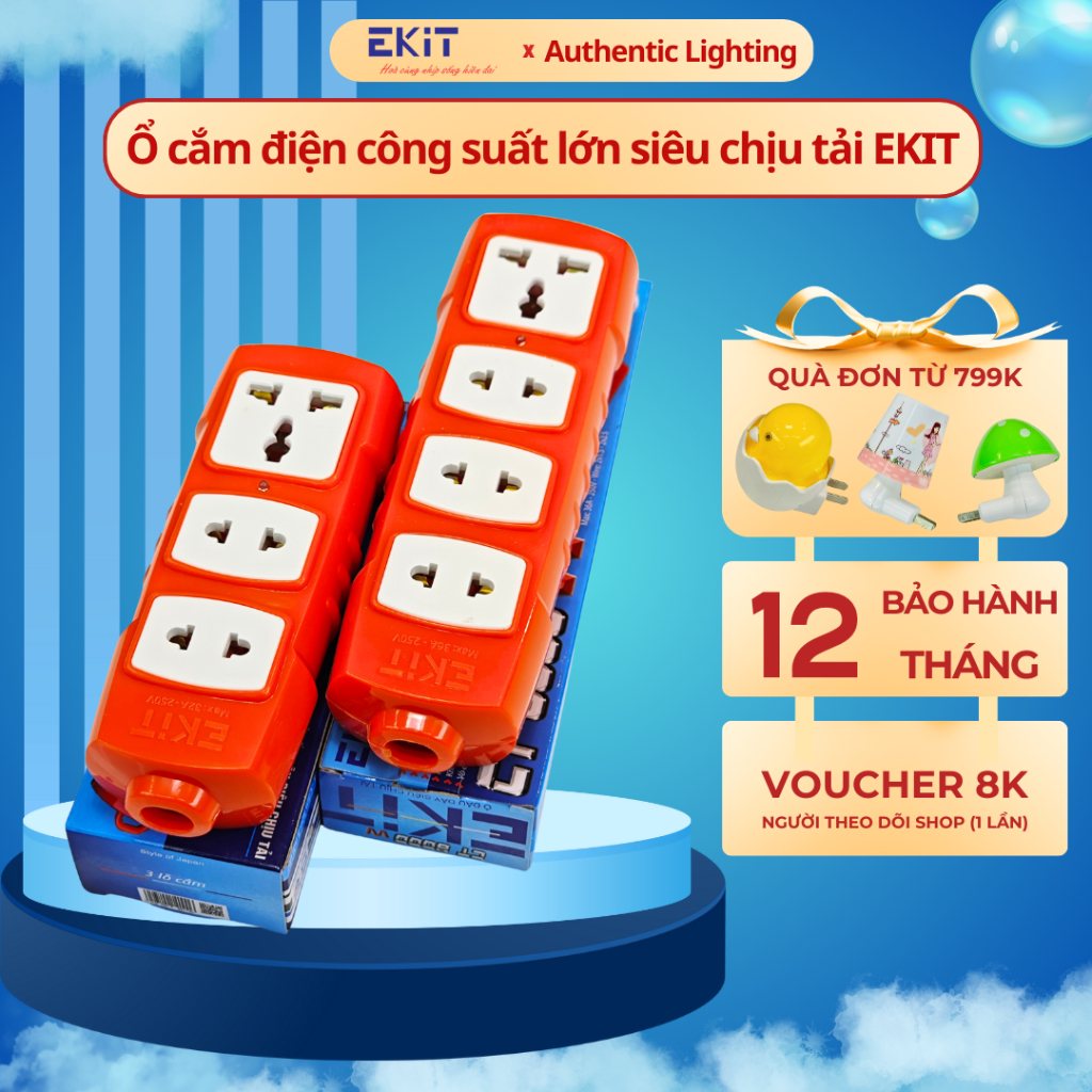 Ổ cắm điện công suất lớn siêu chịu tải EKIT -3 lỗ/7500W, 4 lỗ/8000W, chống vỡ, có đèn báo, ổ đa ...
