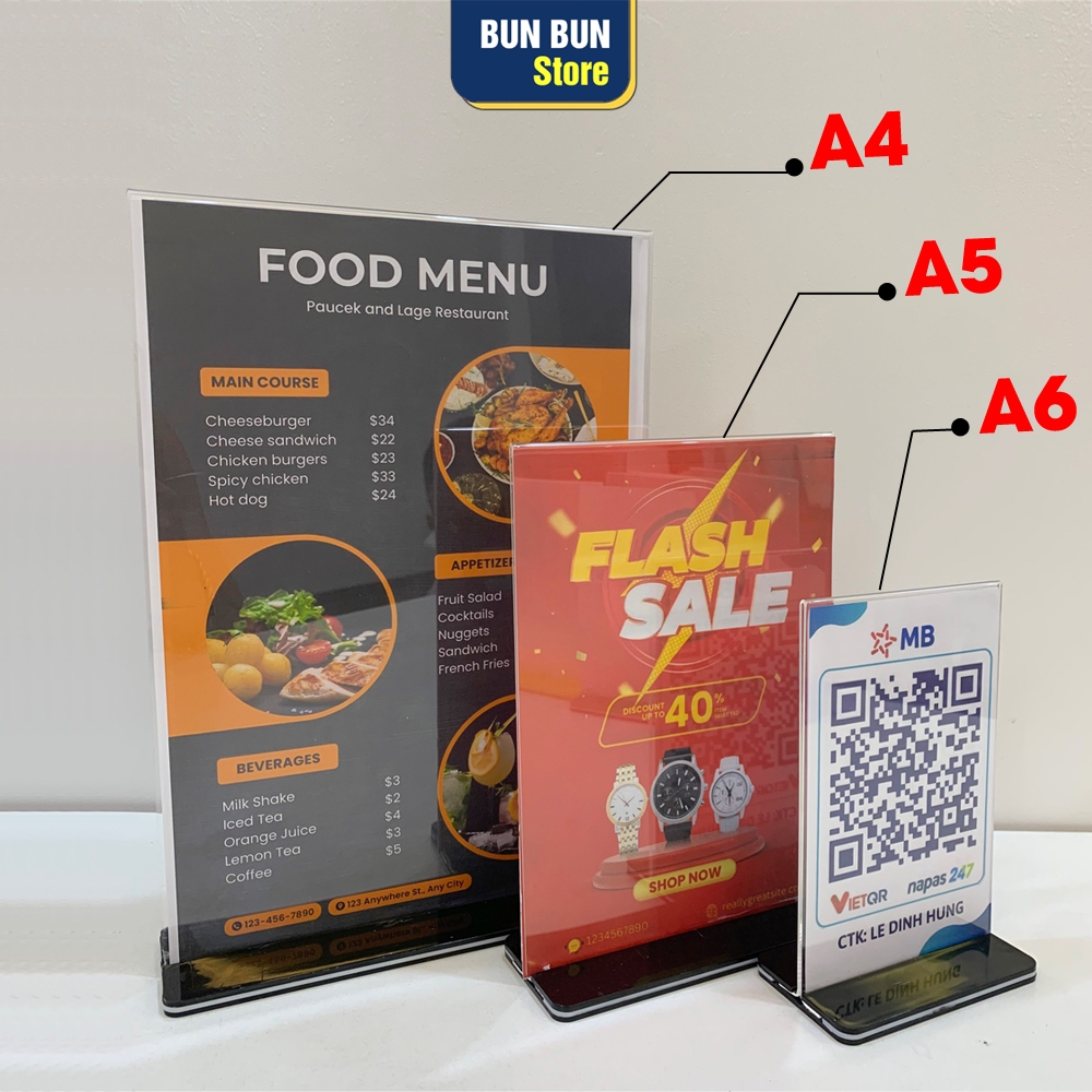 Tấm mica trong suốt, Bảng mica để bàn trong suốt dùng để mã QR, thông tin sản phẩm, bảng menu ...