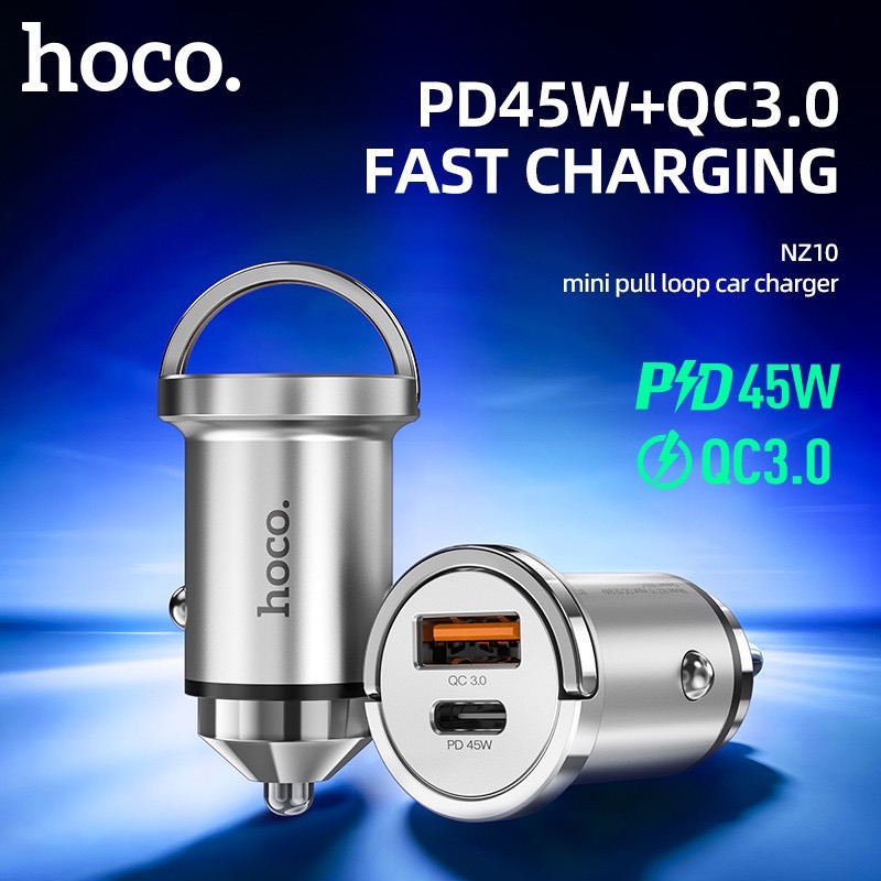 Tẩu sạc nhanh 45w Hoco NZ10 Có cổng Type C + USB, sạc PD45W + QC3.0, chất liệu kim loại nhỏ gọn ...