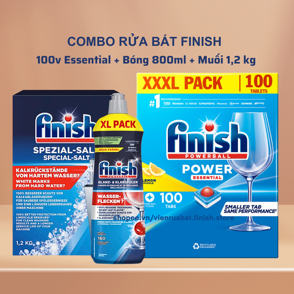 Combo rửa bát Finish Essential 100 Viên + Bóng Finish 800ml + Muối ...