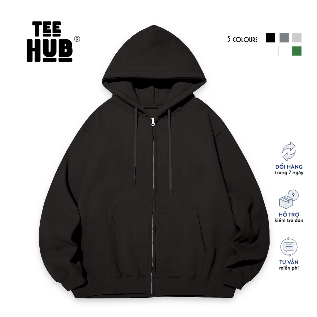 Áo Hoodie ZIP Trơn màu Khoác Nỉ Mũ TEEHUB Nỉ Bông Cotton Unisex nam nữ ...