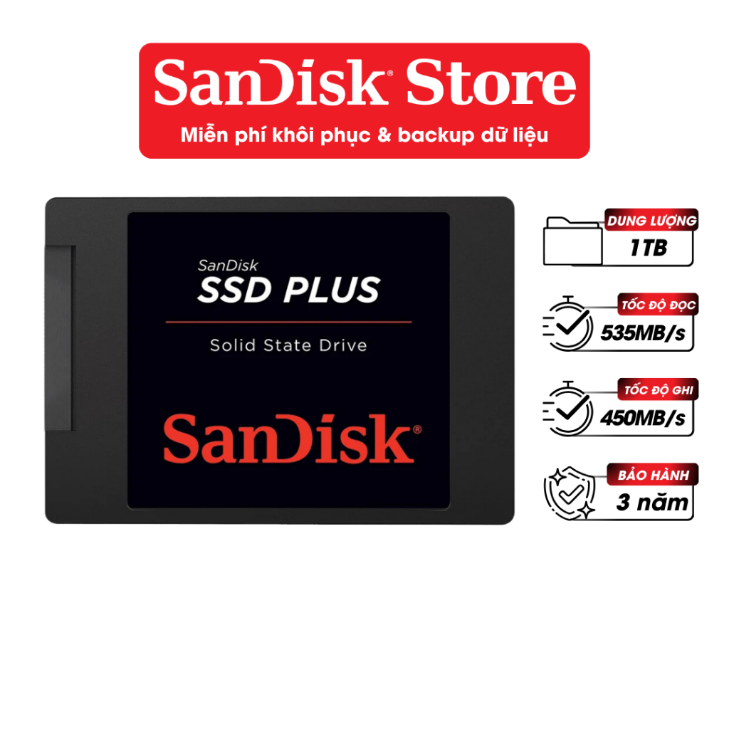 SSD gắn trong SanDisk Plus 480GB / 1TB 2.5" SATA III upto 535MB/s - Bảo hành 3 năm | Shopee Việt Nam