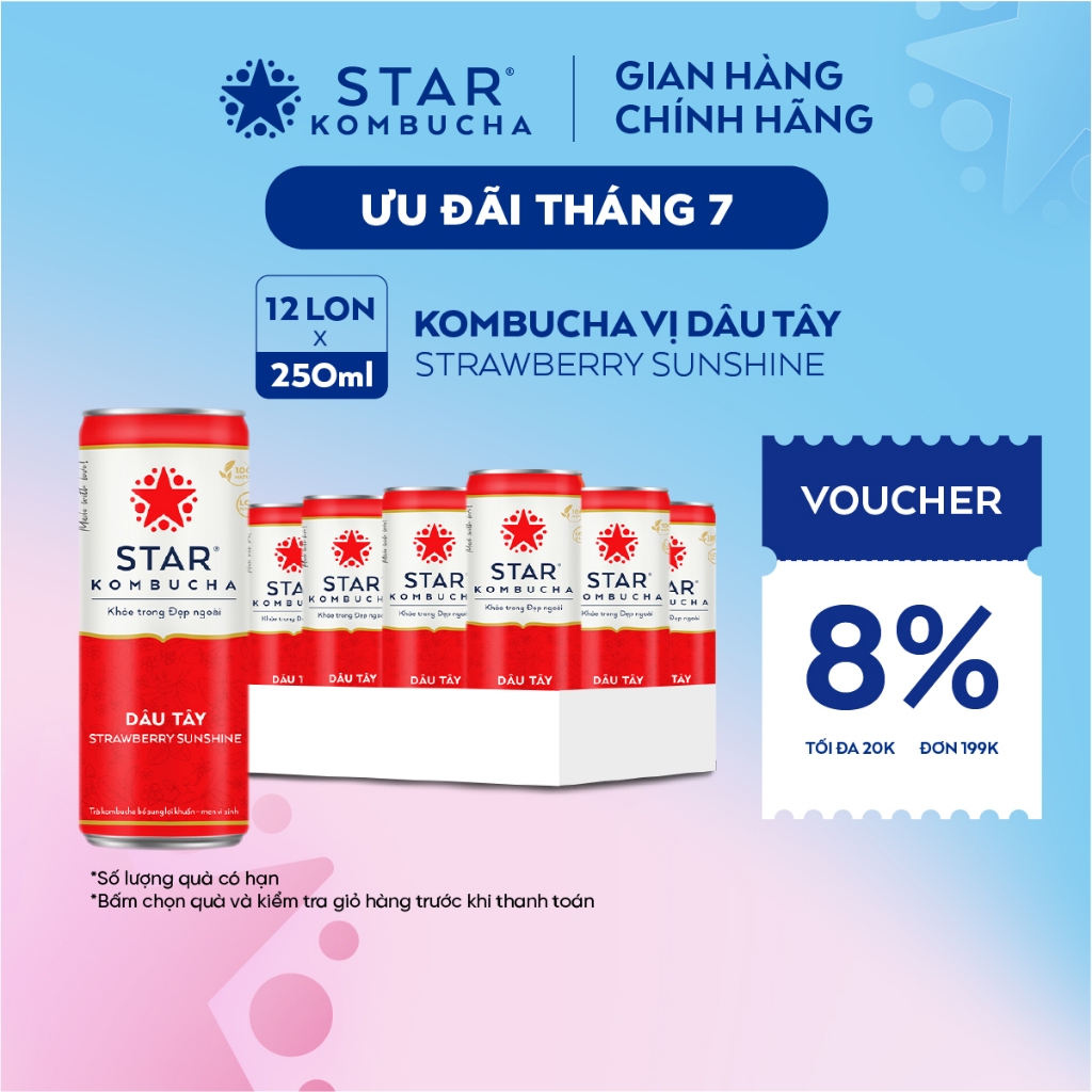 Thùng 12 lon trà STAR KOMBUCHA Dâu Tây /Strawberry (250ml/lon)- Trà lên ...