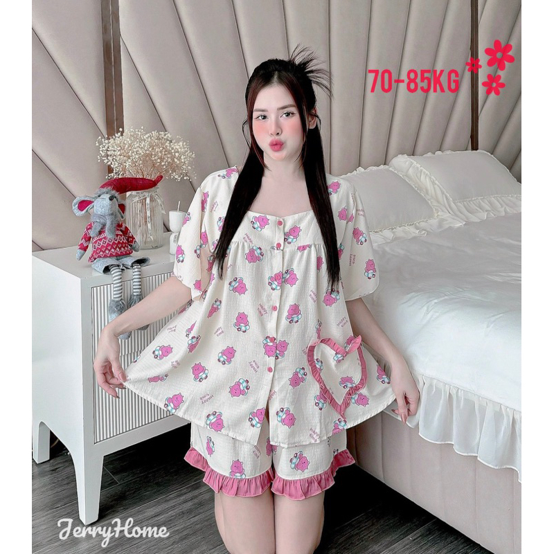 Đồ Bộ Bigsize 60-85kg, Đồ Ngủ Cộc Đùi Cổ Tròn Phối Tiểu Thư Chất Liệu Đũi Xốp Mềm Jerry Home ...