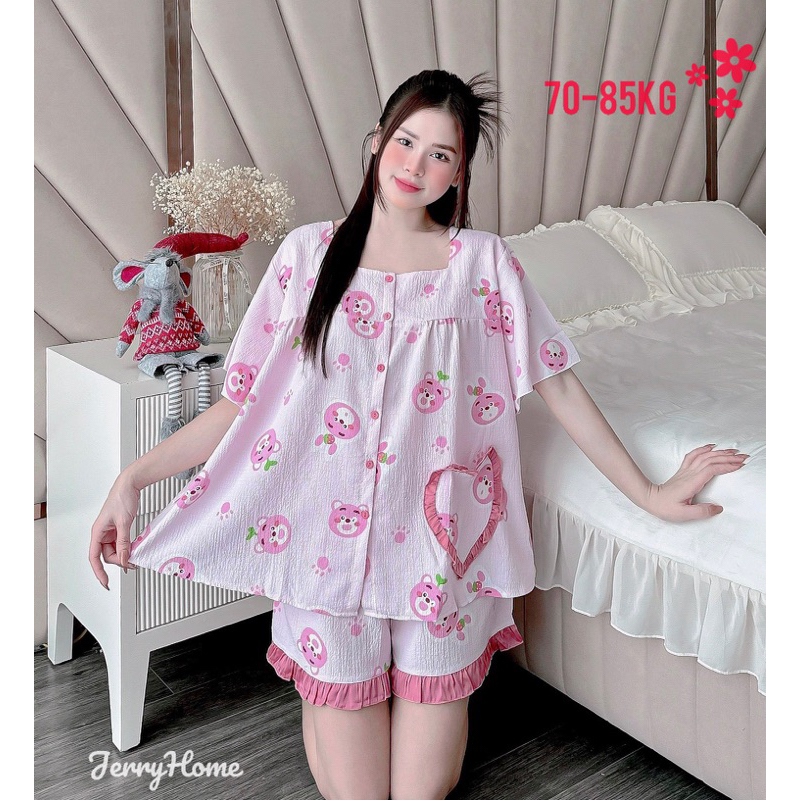Đồ Bộ Bigsize 60-85kg, Đồ Ngủ Cộc Đùi Cổ Tròn Phối Tiểu Thư Chất Liệu Đũi Xốp Mềm Jerry Home ...