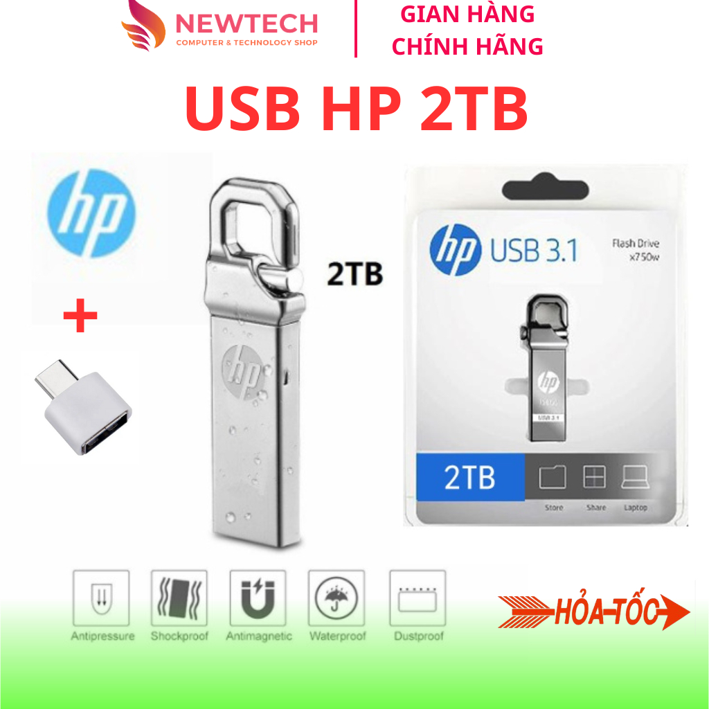 USB 2TB hp,usb nhỏ gọn vỏ kim loại chống nước ,USB 3.0 tốc độ upto 150 MB/s chính hãng màu bạc ...