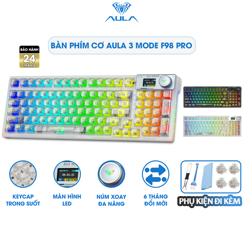 Bàn Phím Cơ 3 Mode AULA F98 PRO Có Màn Hình Led Núm Xoay Keycap Trong Suốt Tùy chỉnh 16 Chế Độ ...