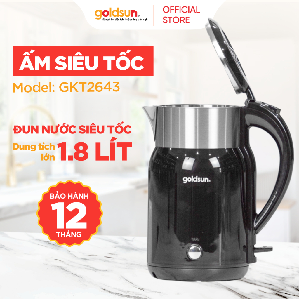 Ấm siêu tốc inox 304 Goldsun 1.8L công suất 1800W có chế độ giữ ấm GKT2643 | Shopee Việt Nam