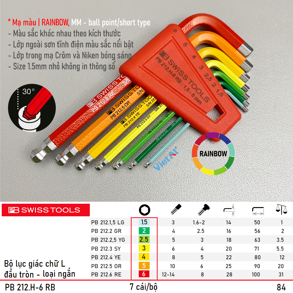 Bộ lục giác chữ L ngắn, đầu tròn (bi) PB 212.H-6 RB gồm 7 chi tiết (1.5-8.0mm), mạ màu/Rainbow ...
