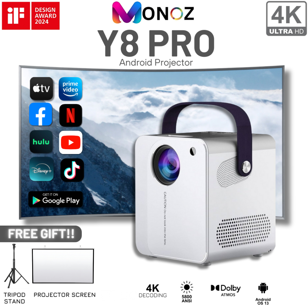 Máy chiếu Android MONOZ Y8 PRO Mini 6500 Lumens HD 1080P 4K WiFi LED ...